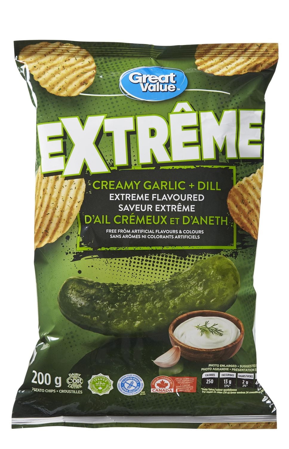 Great Value Canada Extreme Potato Chips, Creamy Garlic & Dill, 200g ...